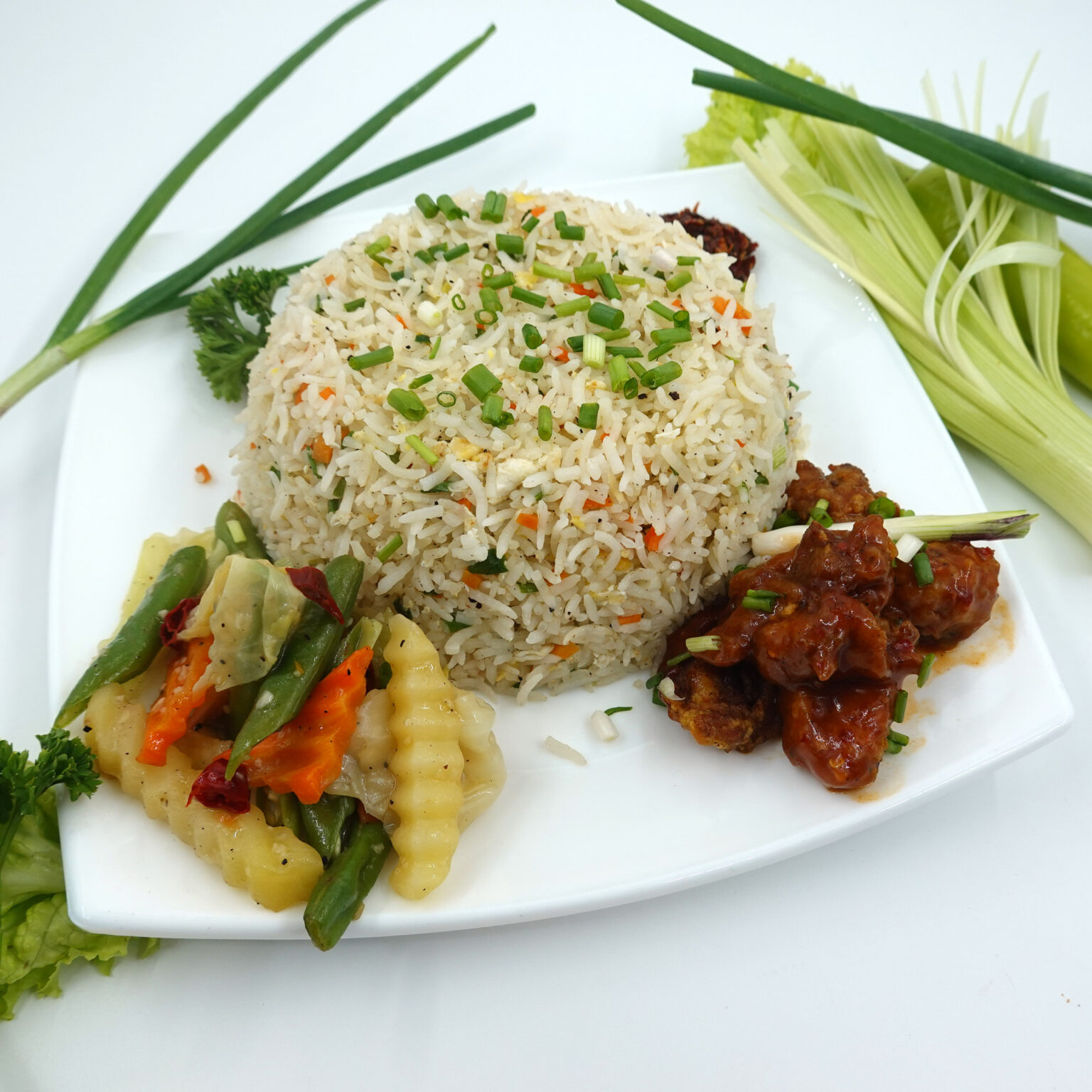 Chicken Rice Set: Egg Rice, Chili Chicken, Vegetables, Chili Paste